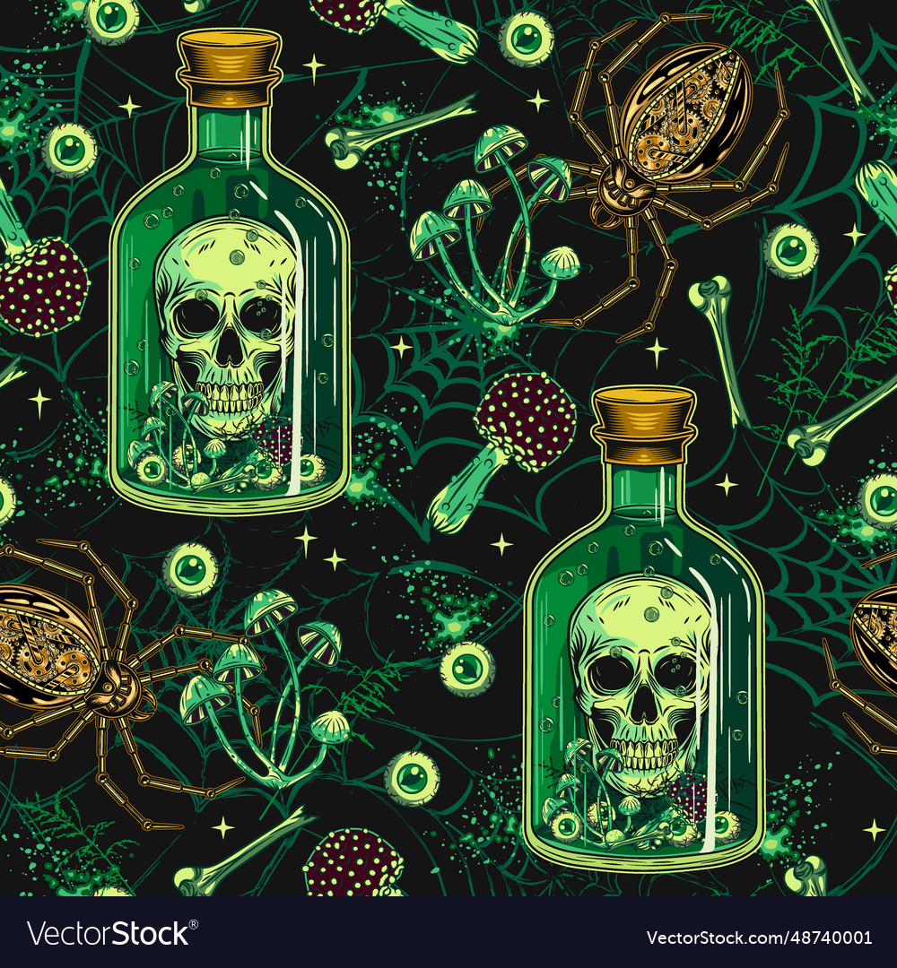 Halloween pattern with bottle of poison skull Vector Image