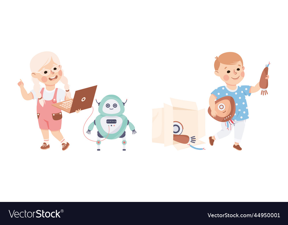 Little boy and girl assembling robot engineering Vector Image