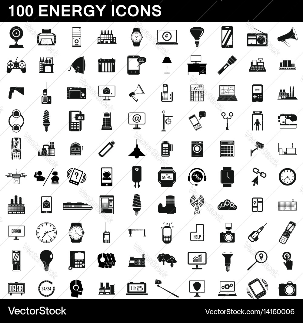 100 energy icons set simple style Royalty Free Vector Image