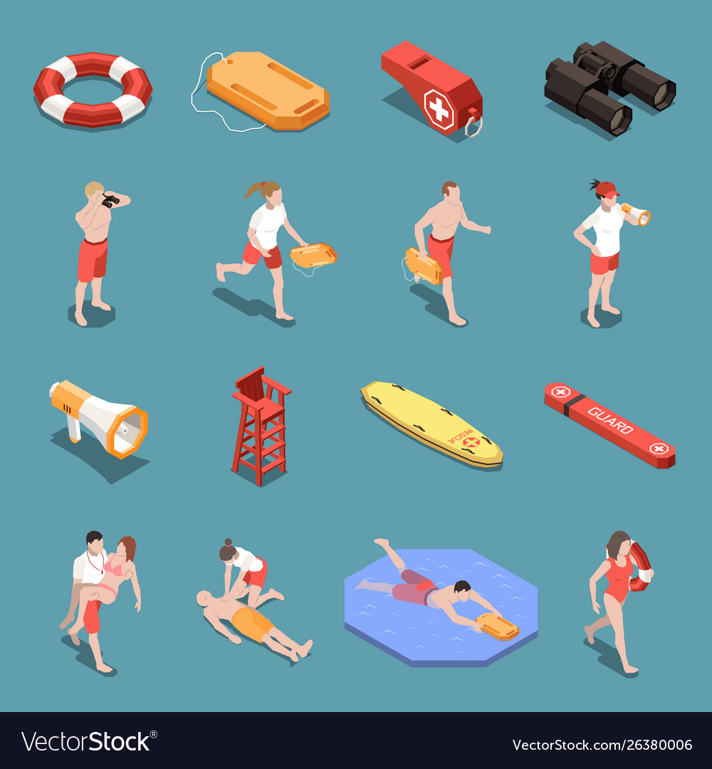 Beach lifeguards isometric set Royalty Free Vector Image