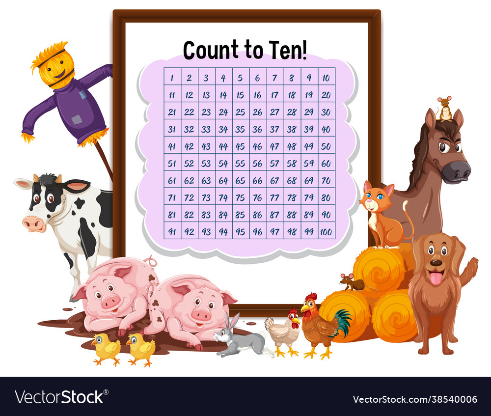 Counting number 1-100 board with farm animals Vector Image