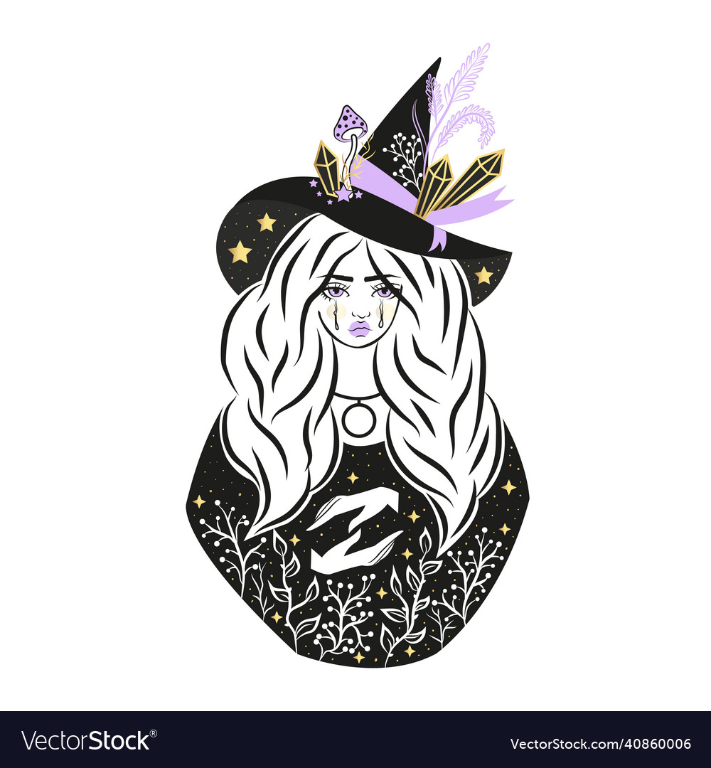 Cute witch wearing hat with stars and crystal Vector Image