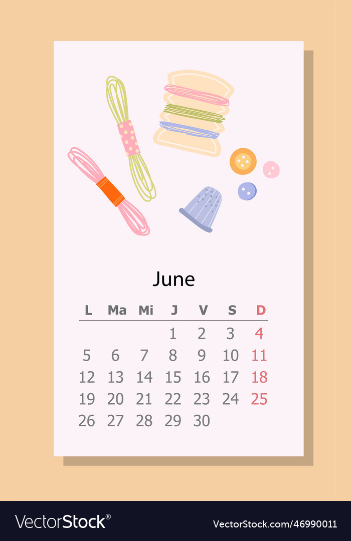 Needlework calendar june 2023 Royalty Free Vector Image Needlework calendar june 2023 Royalty Free Vector Image