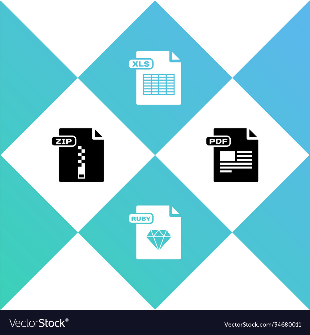 Set zip file document ruby xls and pdf icon Vector Image