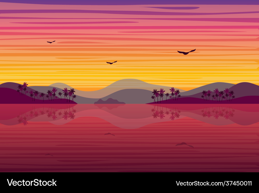 Sunset over tropical island landscape background Vector Image