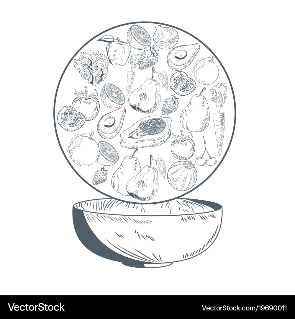 Vegetables and fruits round frame hand draw Vector Image