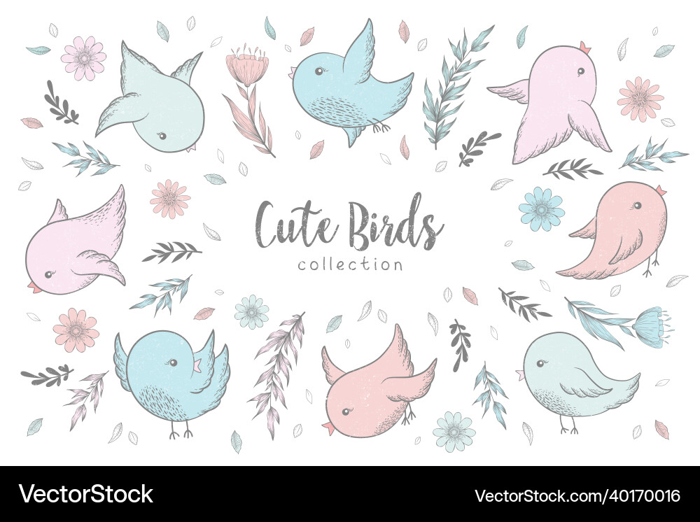 Collection of hand drawn cute birds Royalty Free Vector