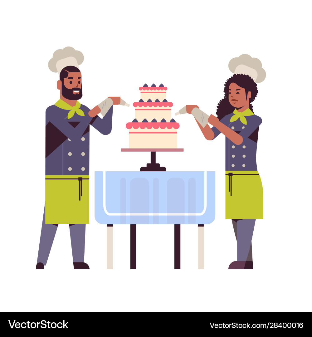 Cooks couple professional pastry chefs decorating Vector Image