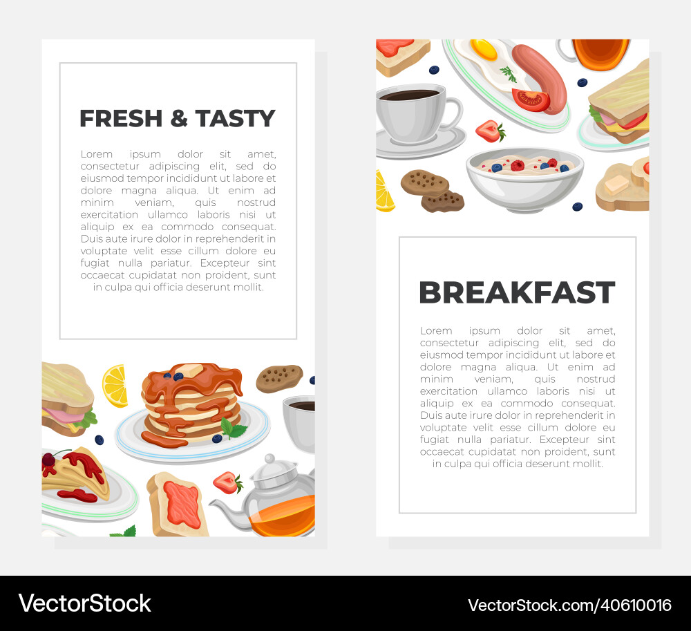 Fresh and tasty breakfast card templates set Vector Image