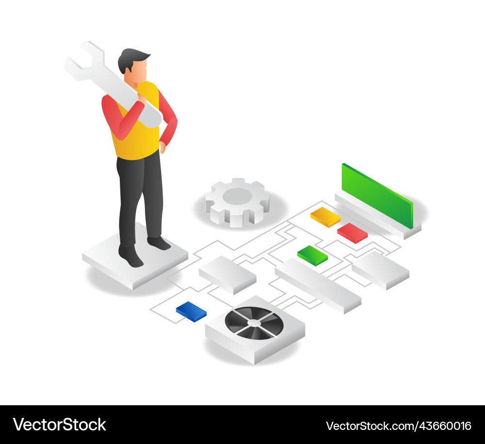 Man maintaining application technology network Vector Image