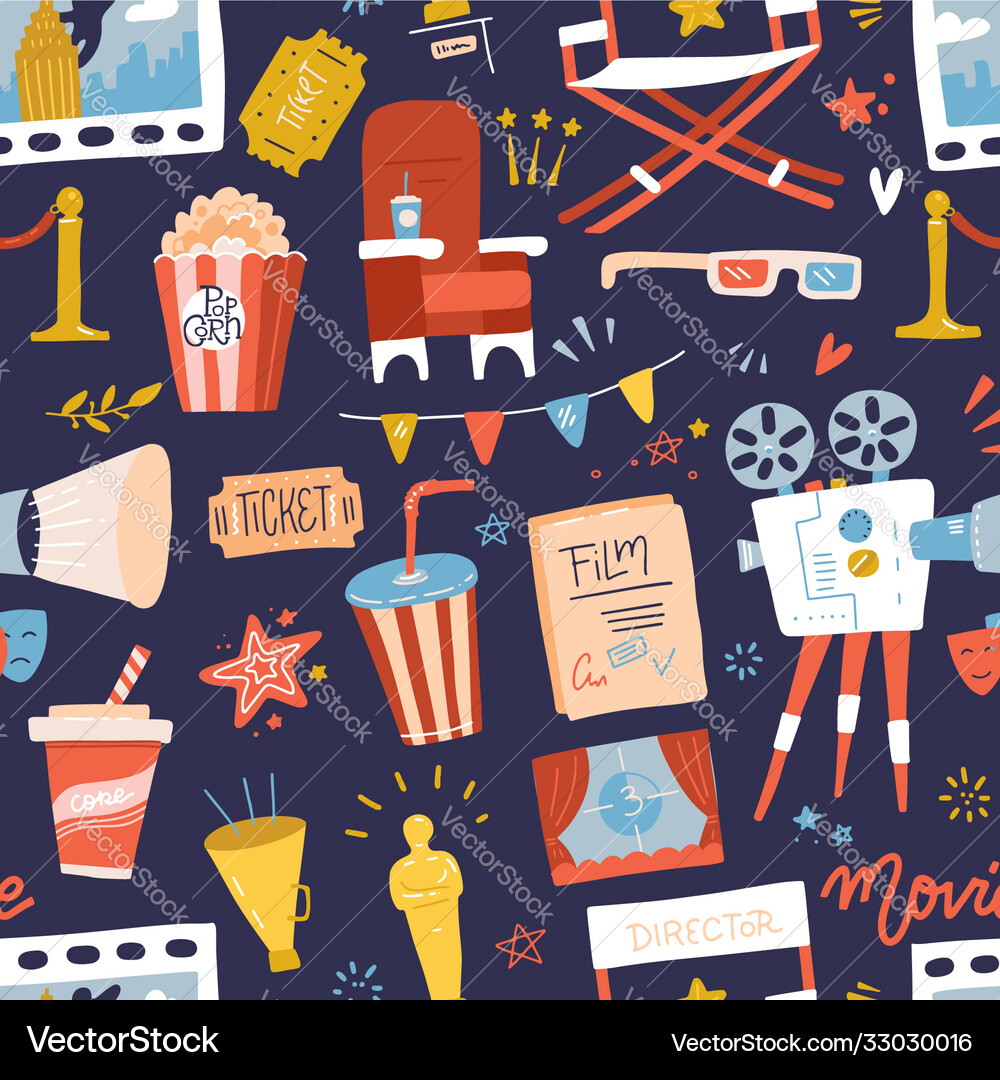 Seamless pattern with flat movie icons on dark Vector Image
