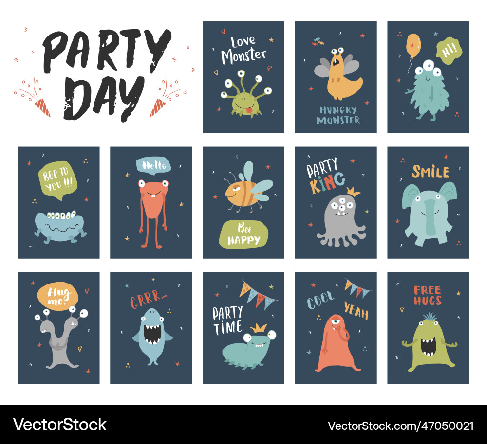 Cute monsters cards set cartoon Royalty Free Vector Image