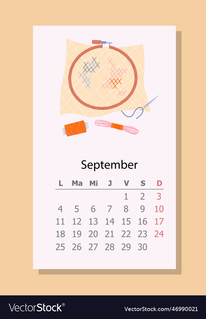 Needlework calendar september 2023 Royalty Free Vector Image Needlework calendar september 2023 Royalty Free Vector Image