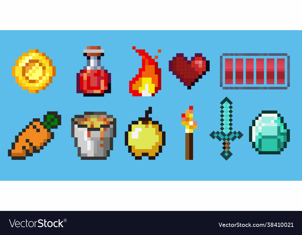 Set pixel objects potion bottles fire Royalty Free Vector