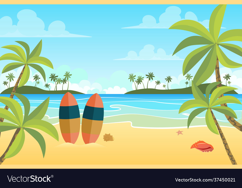 Tropical beach with surfboards landscape Vector Image