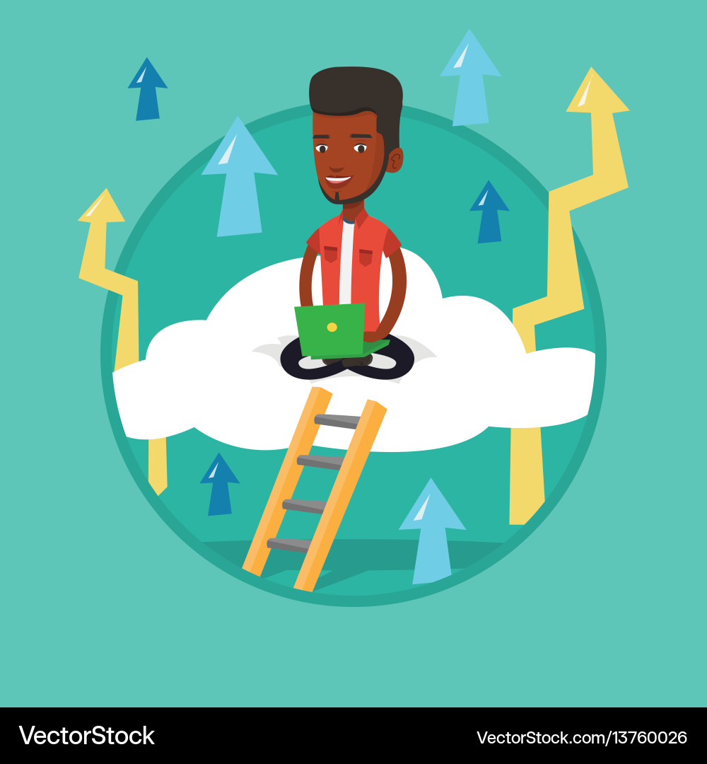 Businessman sitting on cloud with laptop Vector Image