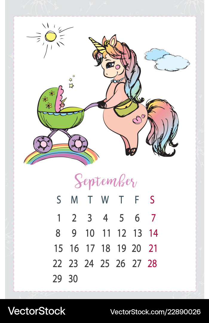 Calendar 2019 with cute unicornhand drawn magic Vector Image