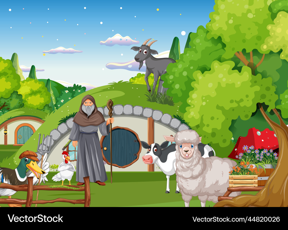 Fantasy cartoon scene with farm animals Royalty Free Vector