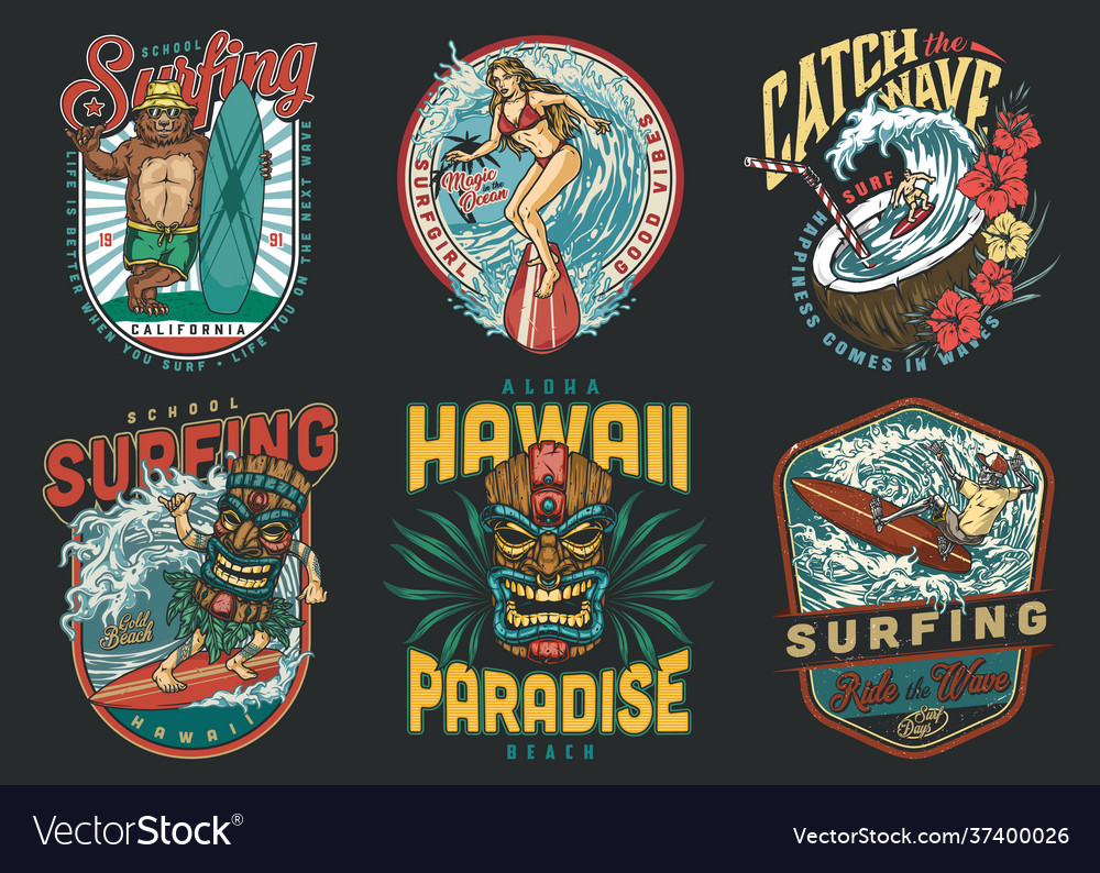 Hawaii surfing vintage colorful labels Royalty Free Vector