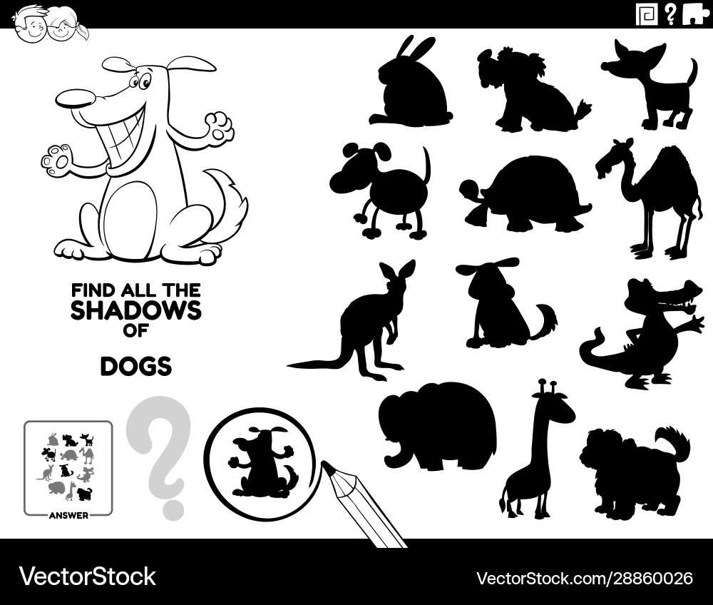 Shadow game with dogs color book page Royalty Free Vector