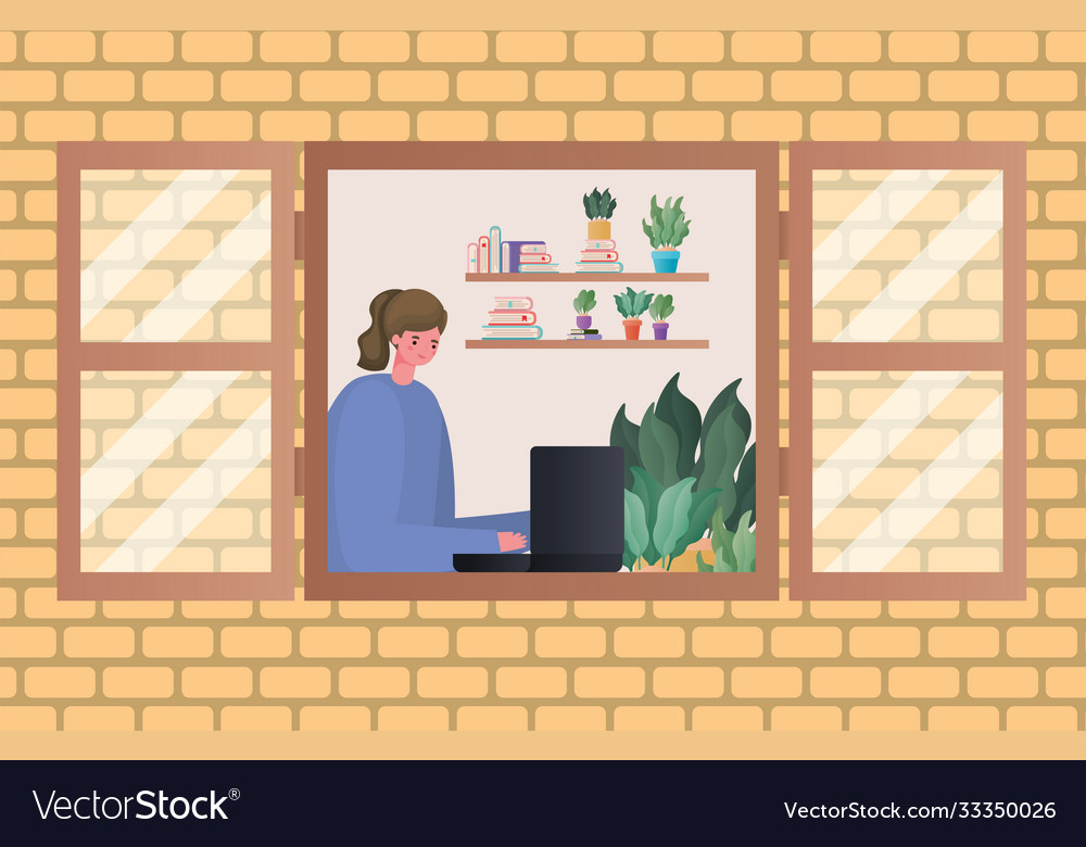 Woman with laptop working at window design Vector Image