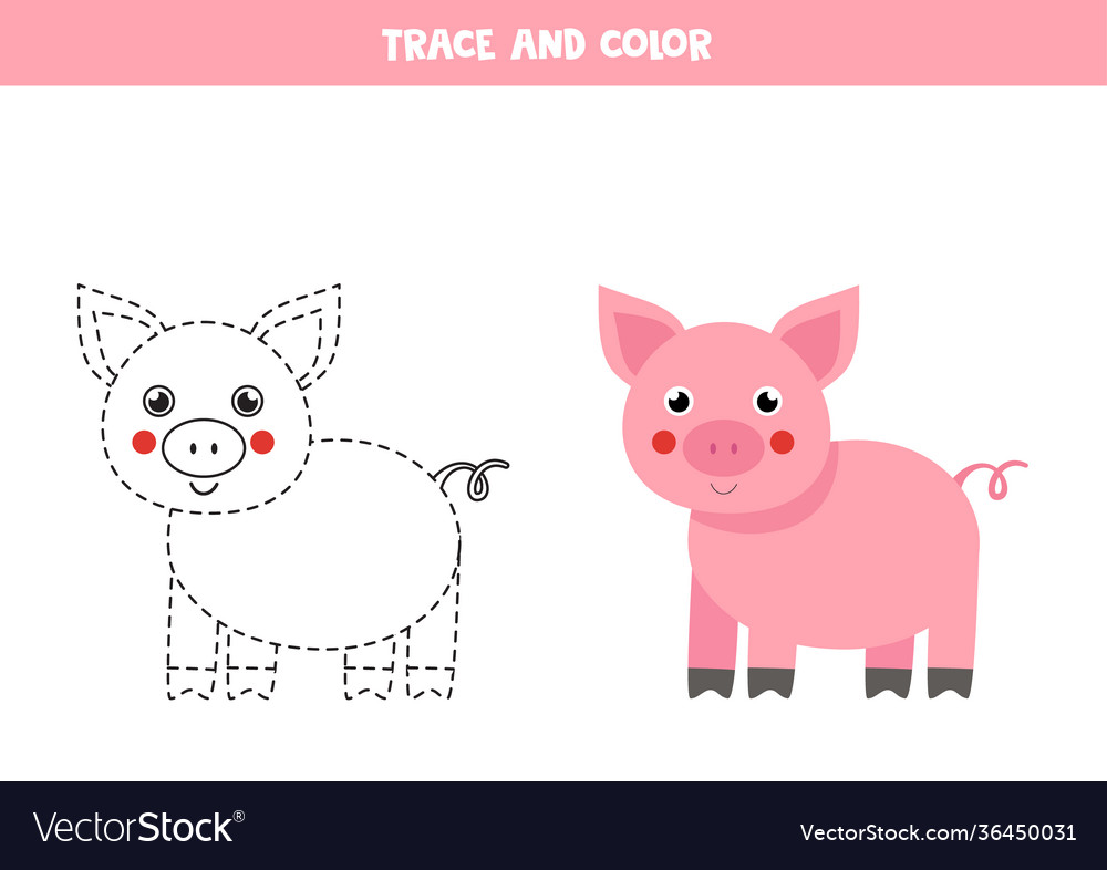 Trace and color cute pig space worksheet for kids Vector Image