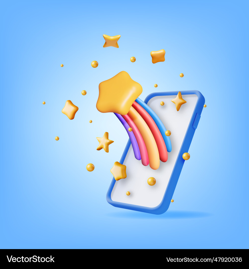 3d shooting star with rainbow tail in smartphone Vector Image