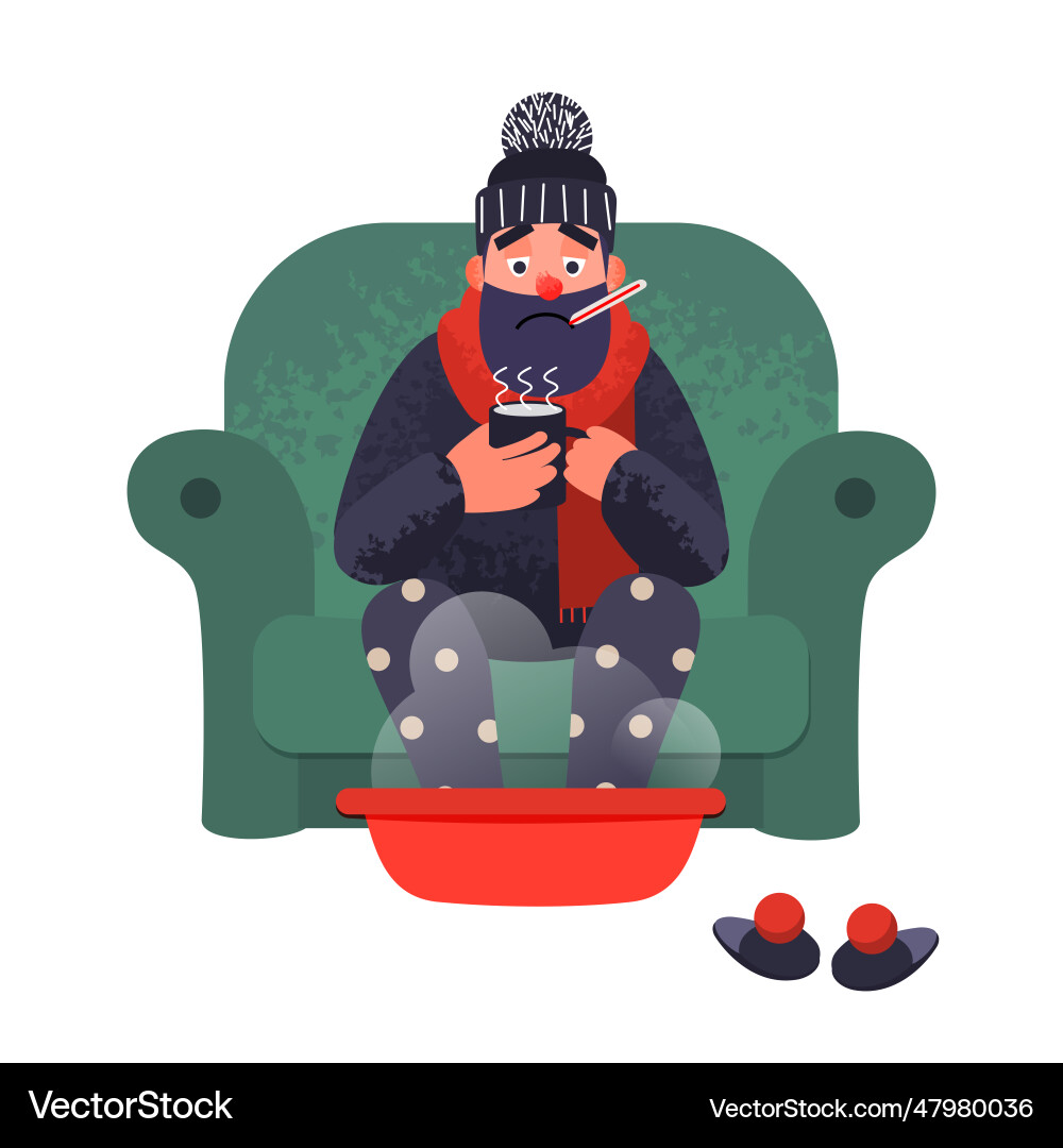 Cold flu man with a thermometer is treated at home