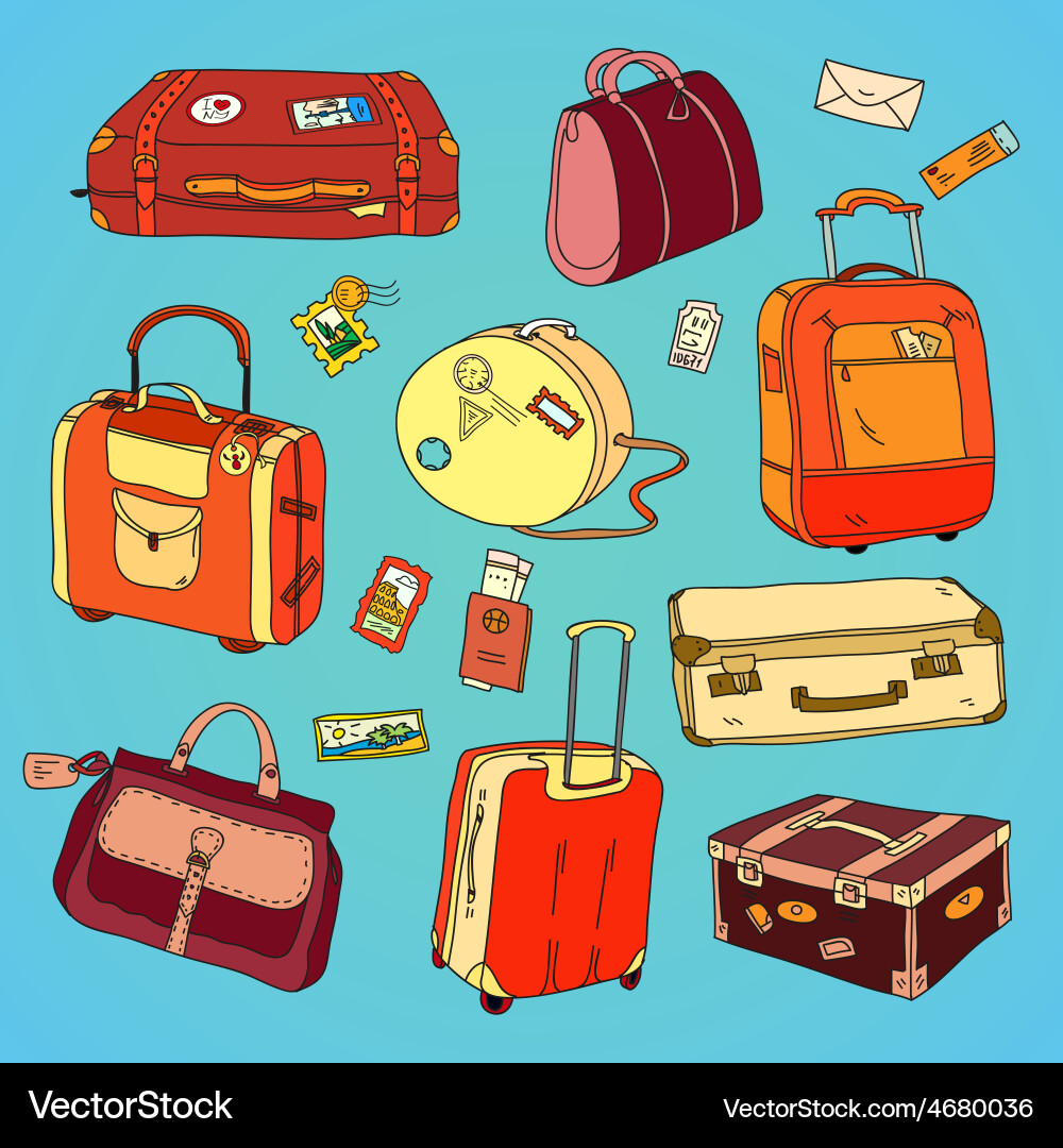 Collection vintage travel suitcases Royalty Free Vector