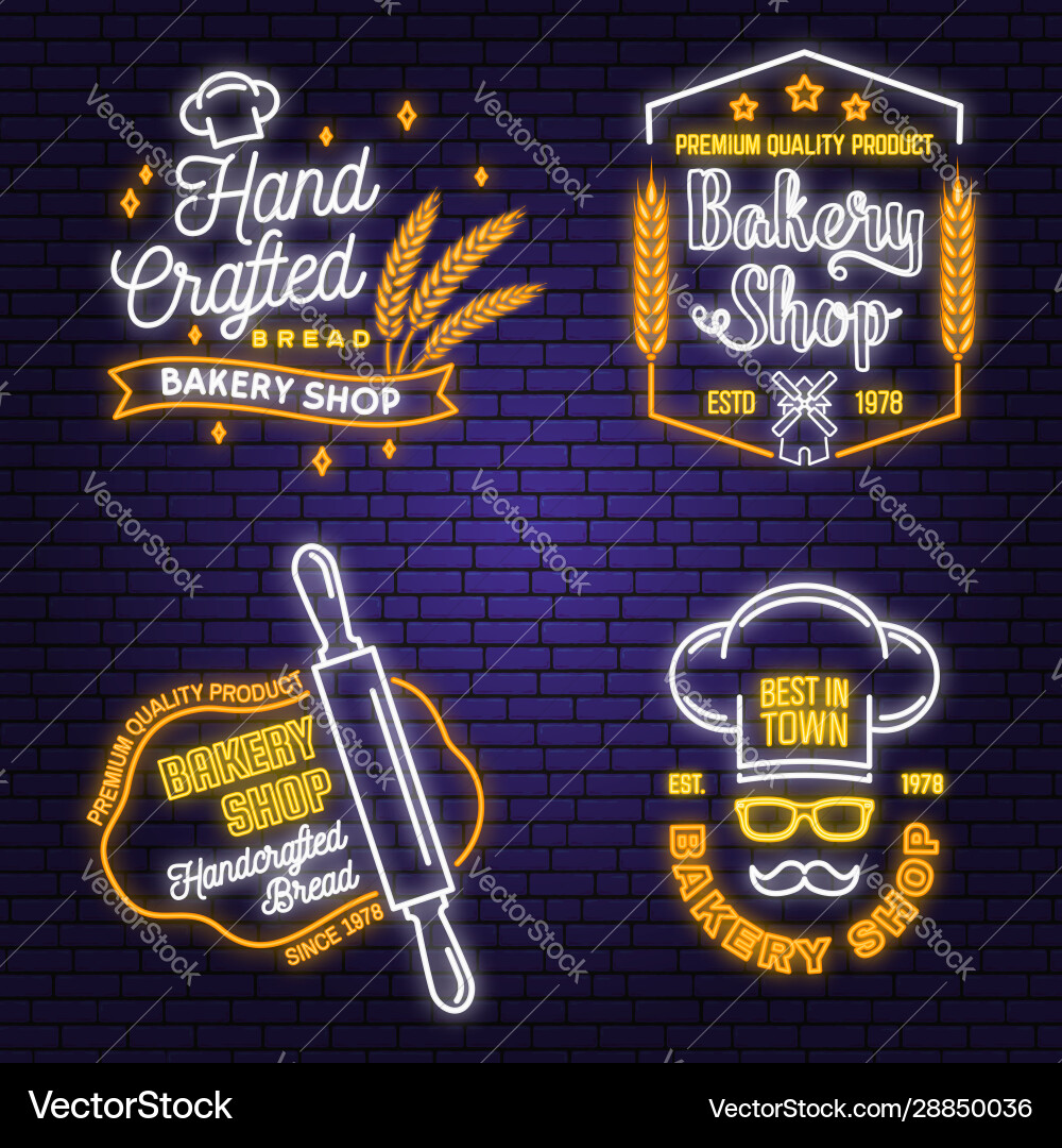 Set bakery shop neon bright signboard light Vector Image