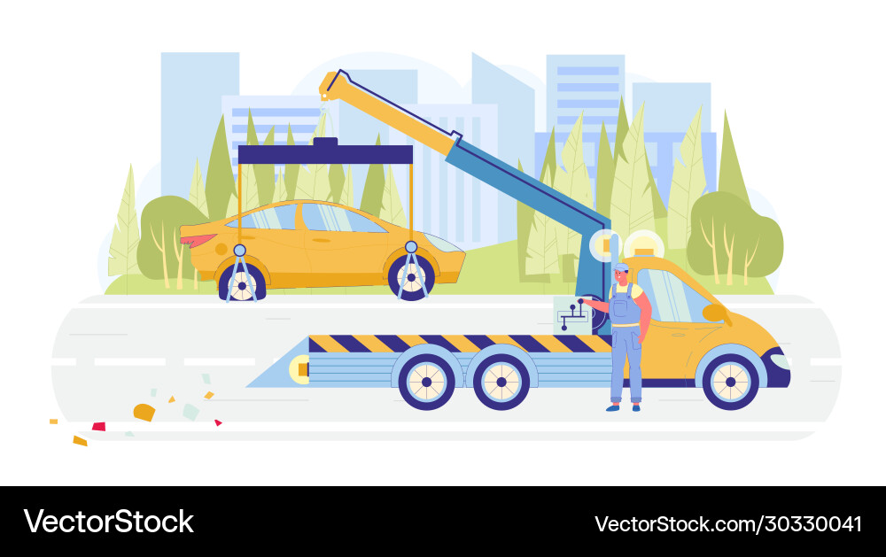 Loading car onto tow truck with service worker Vector Image