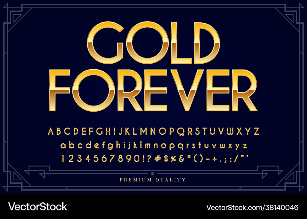 Gold metallic font set letters numbers Royalty Free Vector