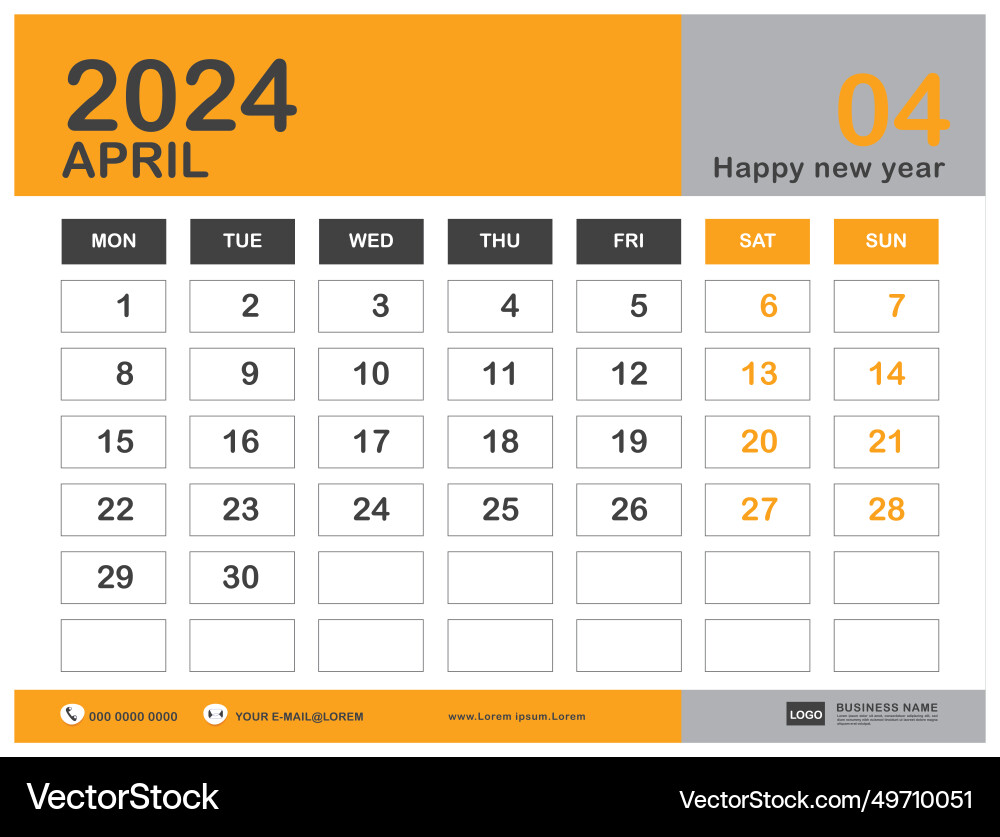 April 2024 year calendar template week Royalty Free Vector