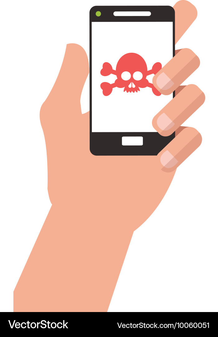 Hand holding modern cellphone with skull and bones