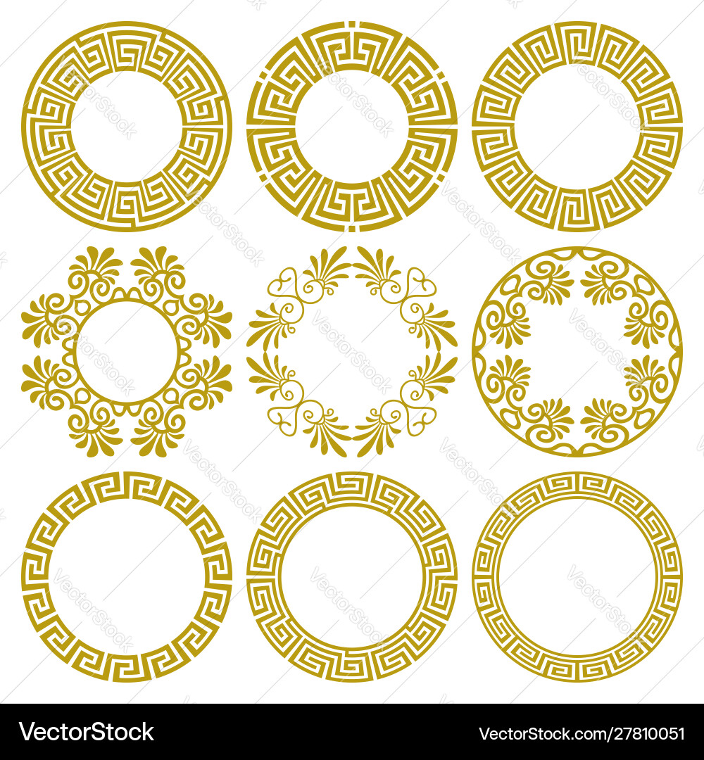 Set round gold frames in greek style Royalty Free Vector