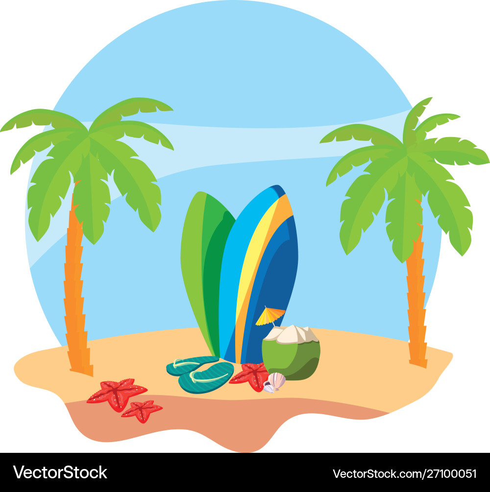 Summer beach with palms and surfboards scene Vector Image