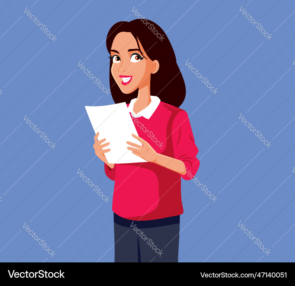 Woman holding a document reading the terms Vector Image