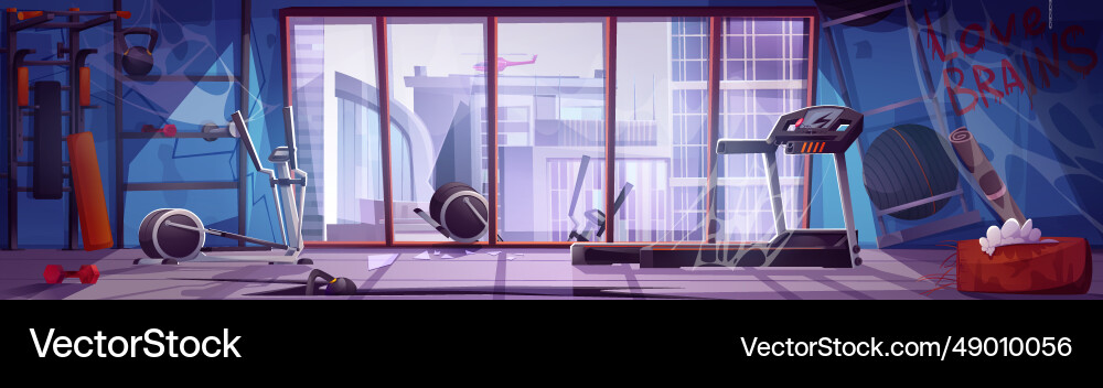 Abandoned broken gym with smashed sports equipment