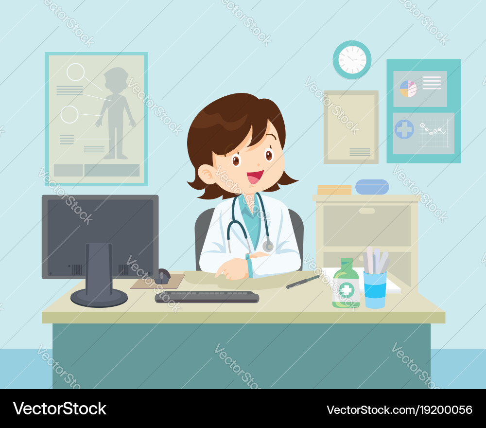 Female doctor sitting at the table Royalty Free Vector Image
