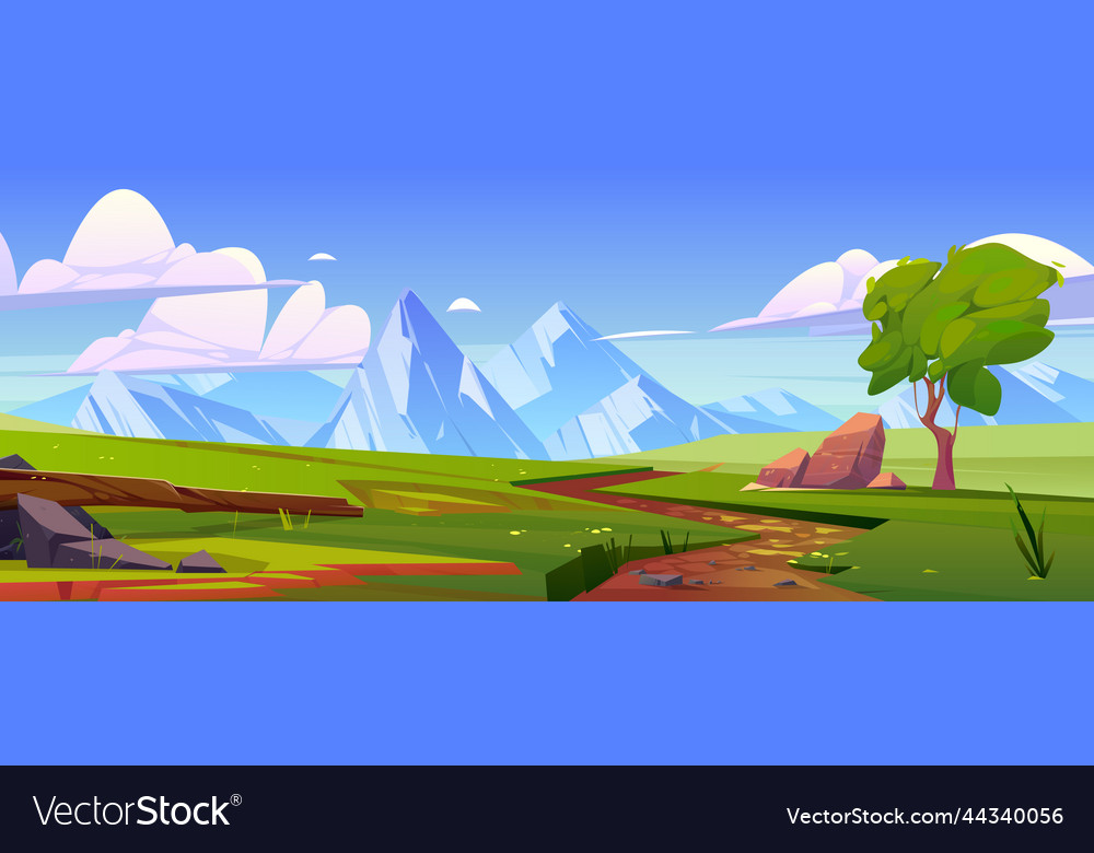 Mountain valley with green fields tree path Vector Image