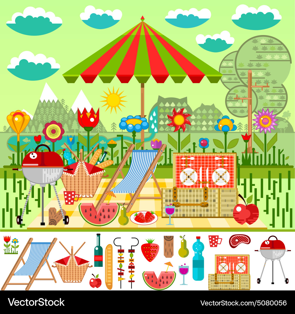 Summer picnic in meadow with mountain views Vector Image