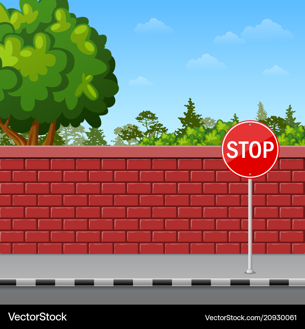 Brick wall with stop sign on the pavement Vector Image