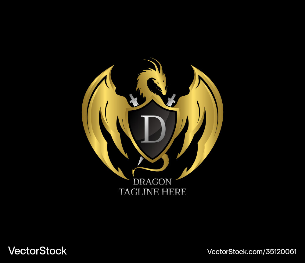 Dragon emblem with gold shield and d letter Vector Image