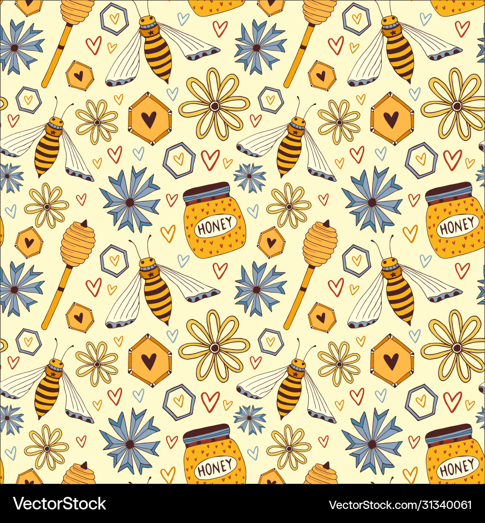 Pattern with honey and bees seamless background Vector Image