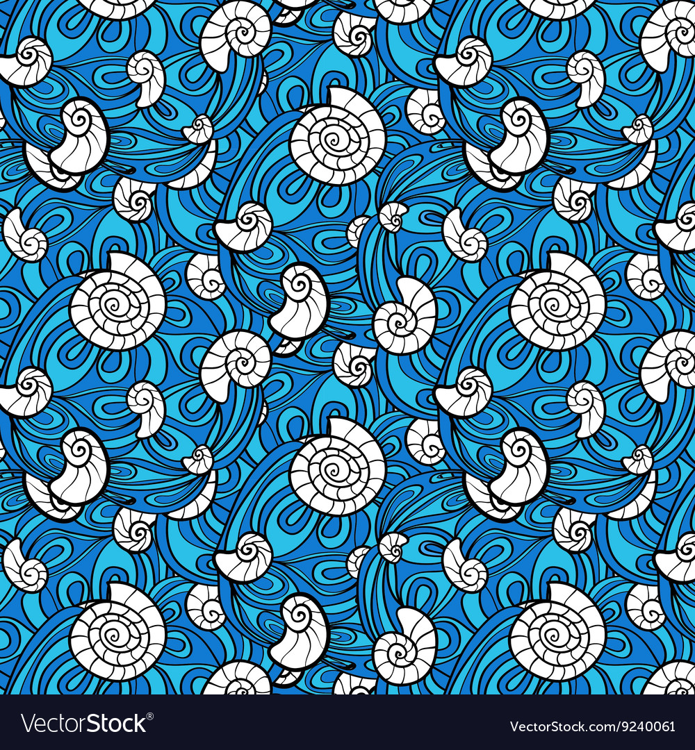 Seashell pattern in abstract blue waves Royalty Free Vector