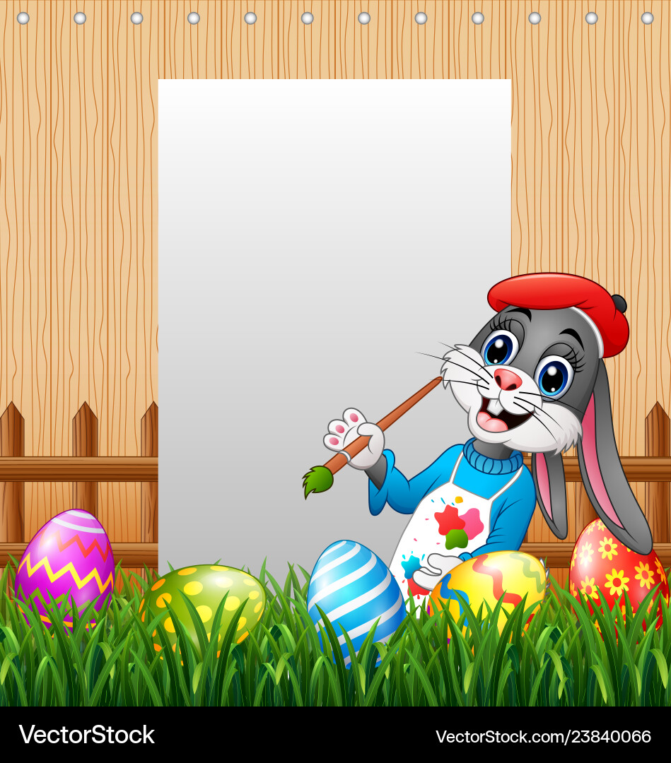 Happy easter bunny painting egg with blank sign ba