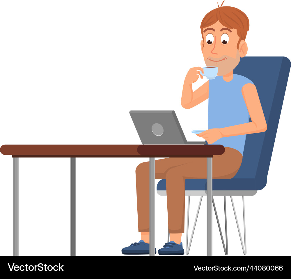 Man drinking coffee and watching laptop happy Vector Image