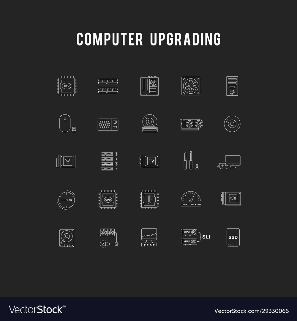 Set flat line icons upgrading computer Royalty Free Vector