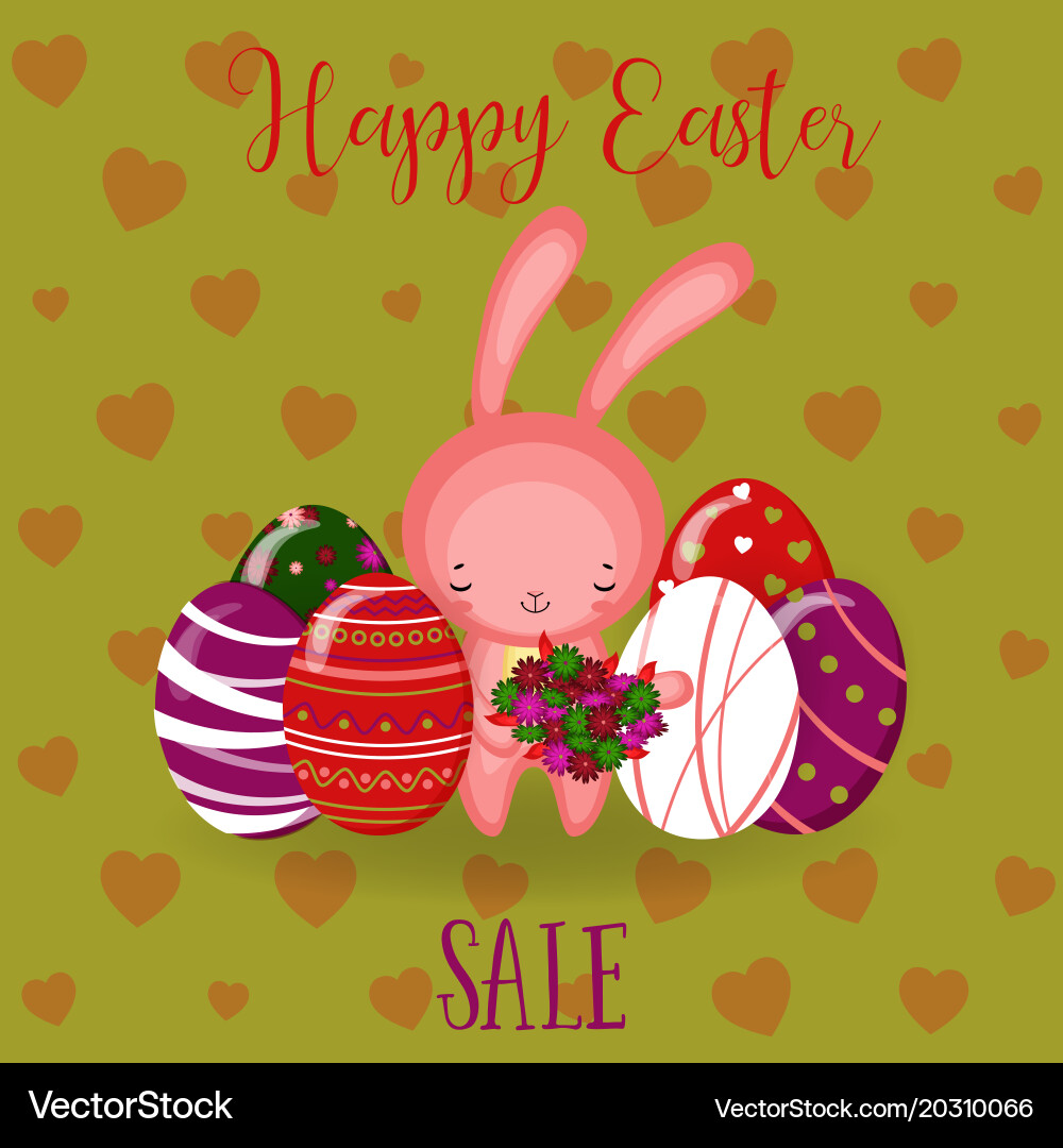 Set of cute easter bunny easter eggs and flowers Vector Image