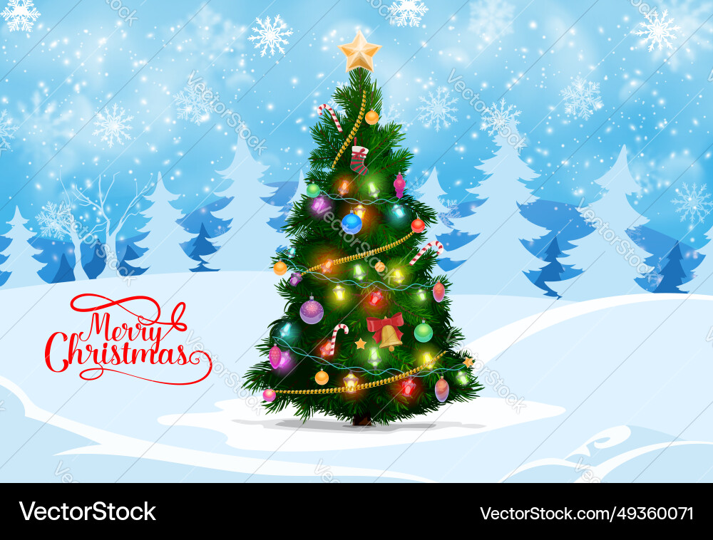 Cartoon christmas pine tree on snow poster Vector Image